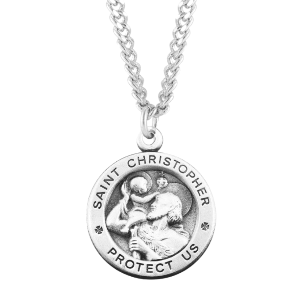 Sterling Silver Saint Christopher Round Medal, 24" Rhodium Plated ...