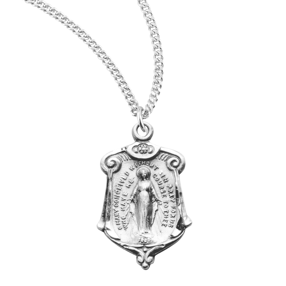 Sterling Silver Scroll Top Miraculous Medal, Fancy Shield-Shaped ...