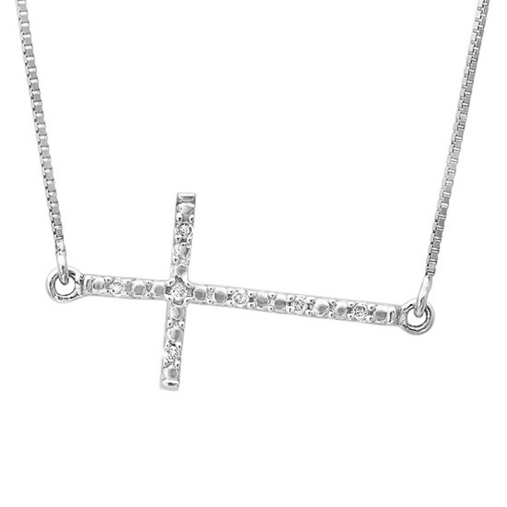 Sterling Silver Sideways Diamond Cross Necklace on an 18in Box Chain ...