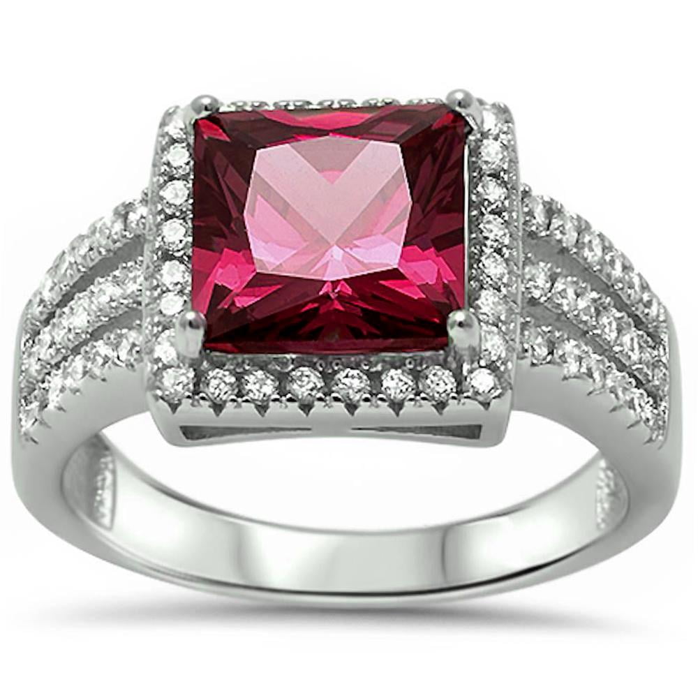 Sterling Silver Simulated Ruby Square Clear CZ Bridal Ring Size 10 ...