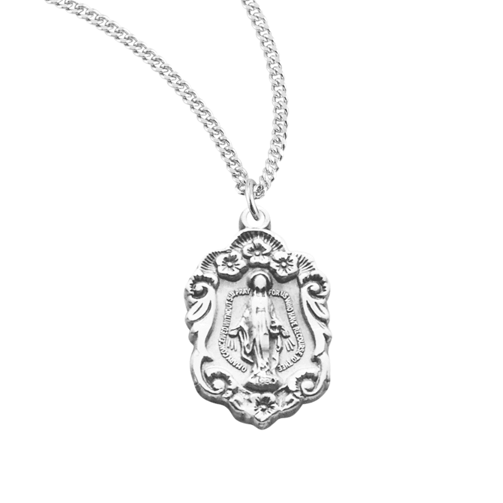 Sterling Silver Small Fancy Miraculous Medal with Flower & Scroll ...