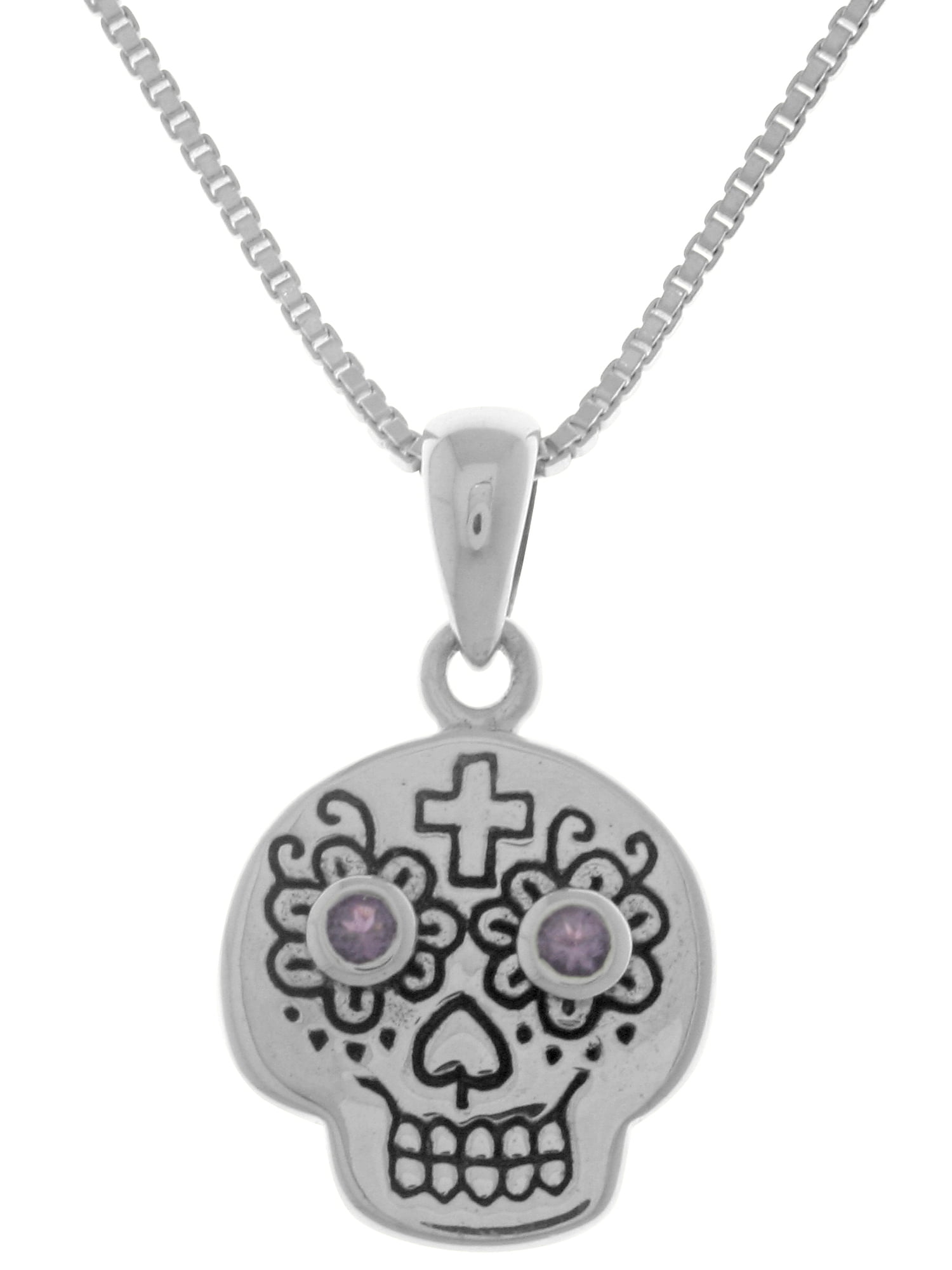 Sterling Silver Small Voodoo Skull Pendant with Amethyst on 18 Inch Box ...