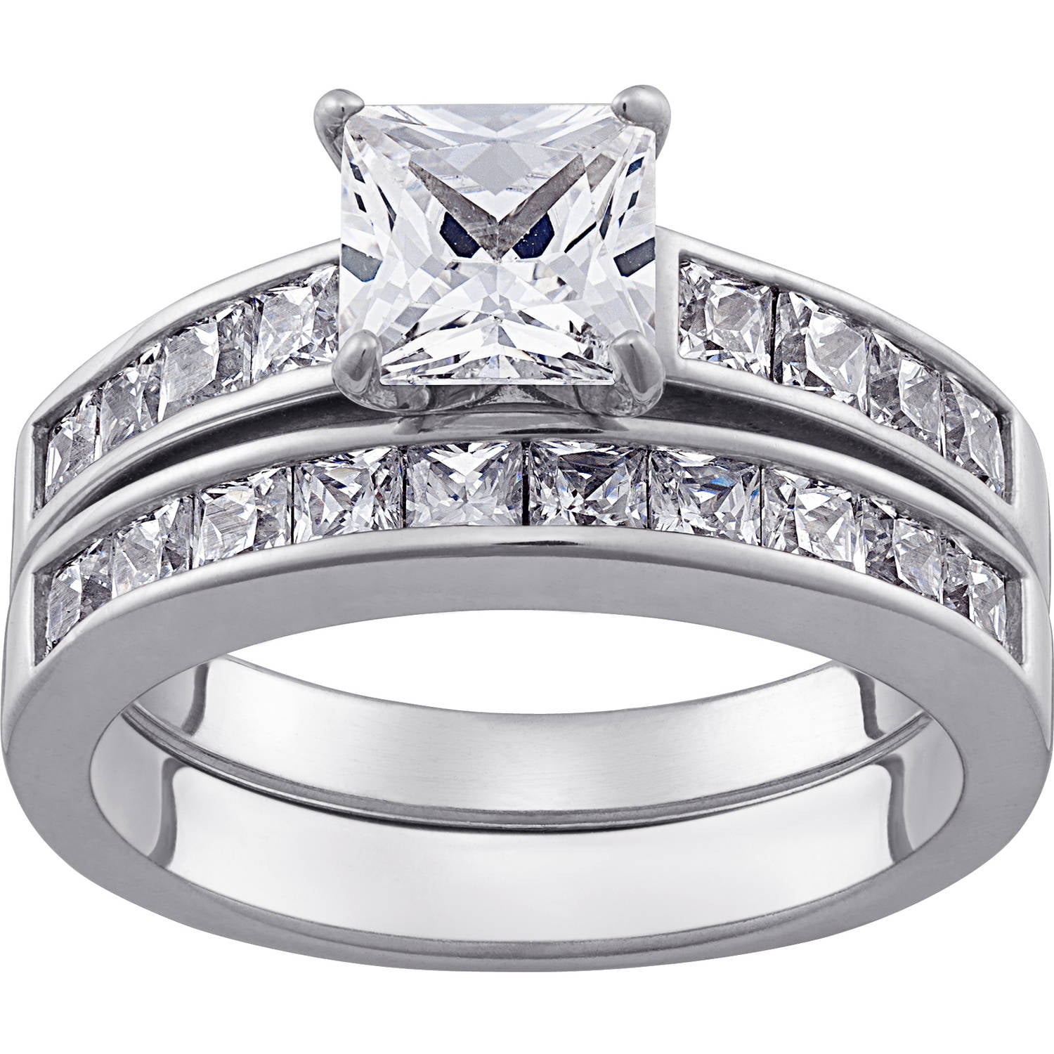 Sterling Silver Square CZ 2-PC Wedding Ring Set - Walmart.com