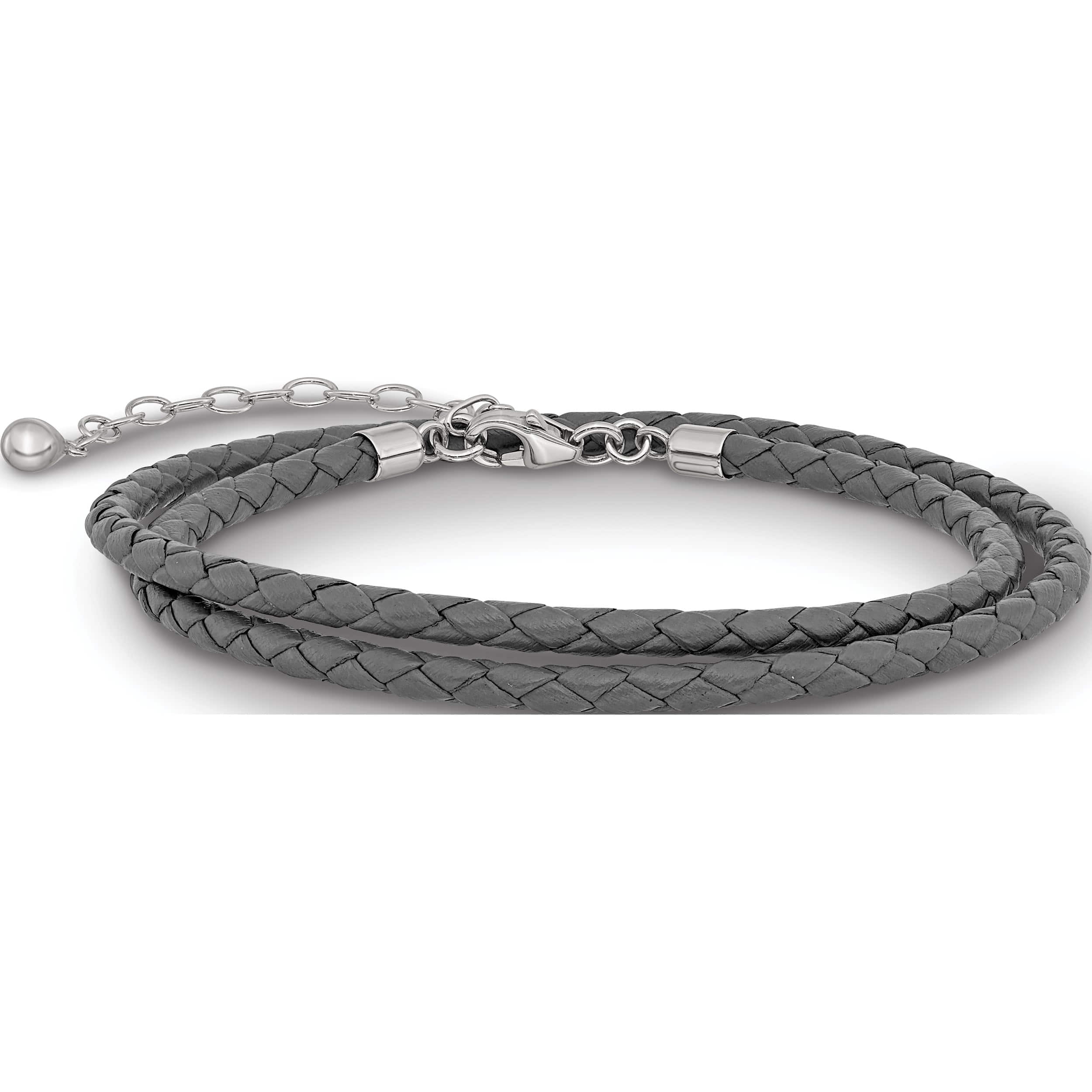 Sterling Silver Ss Reflections Gray Leather Rh-Plated 14In With 2In Ext ...
