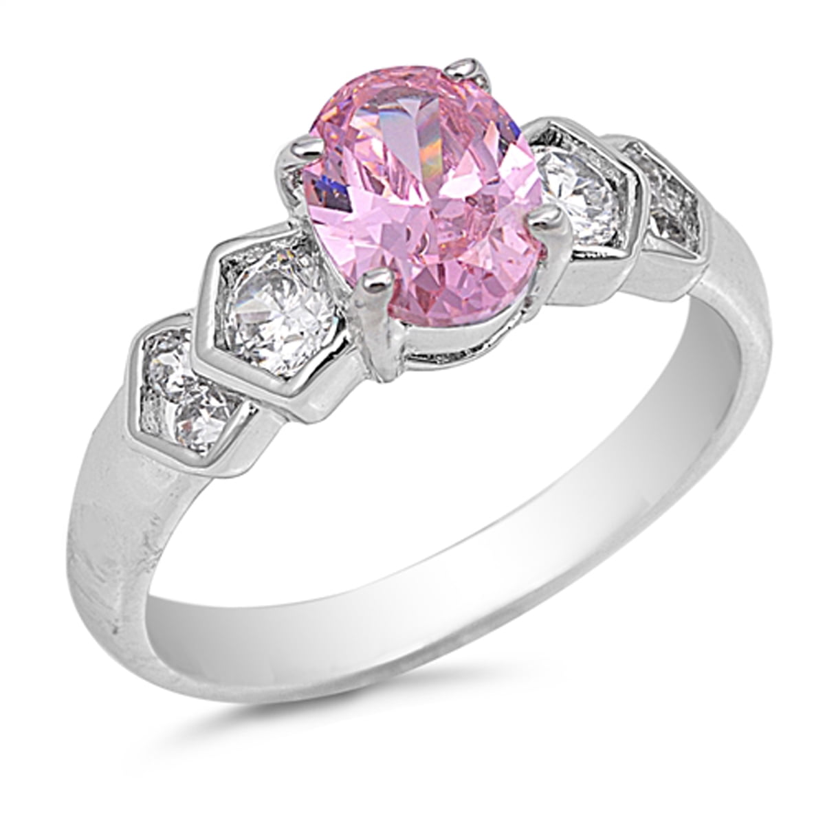 Sterling Silver Stunning Womens Flawless Pink Cubic Zirconia Oval Ring