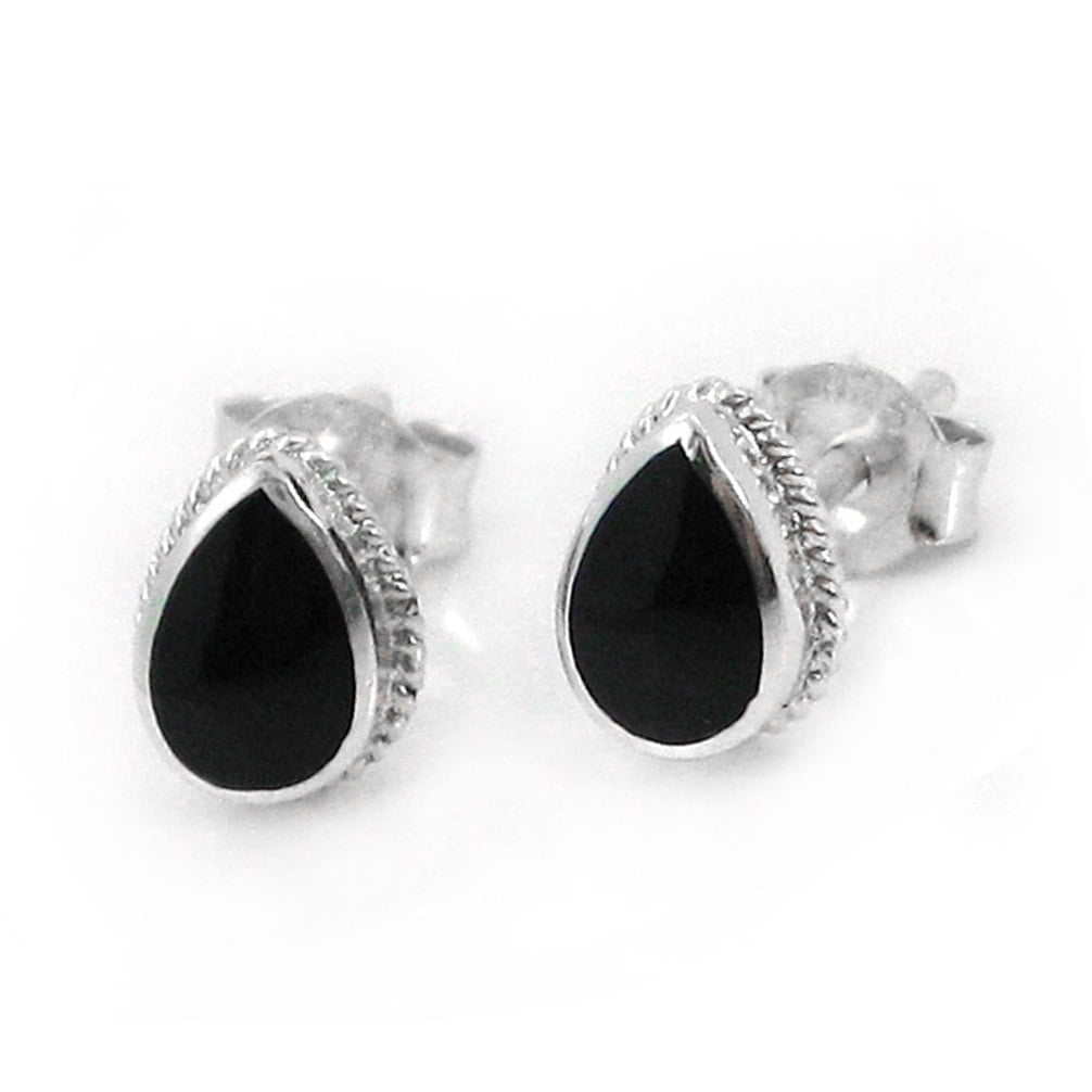 Sterling Silver Teardrop Stone Twist Frame Post Stud Earrings, Onyx ...