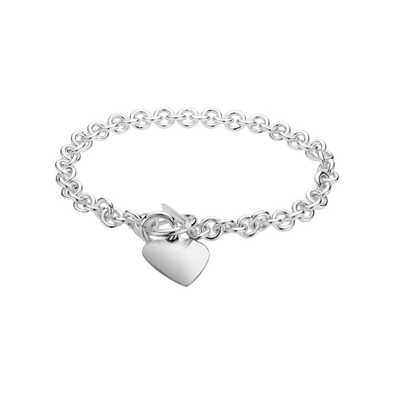 Sterling Silver 7.75in Engraveable Heart Disc On Fancy Link Toggle Bracelet