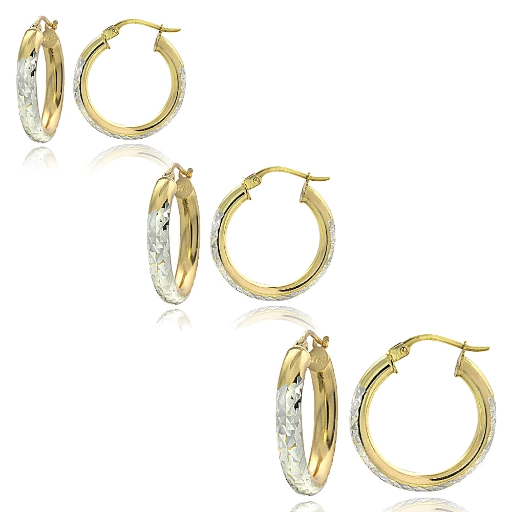 Sterling Silver Tri Color 3x20mm Diamond-Cut Polished Hoop Earrings Set ...