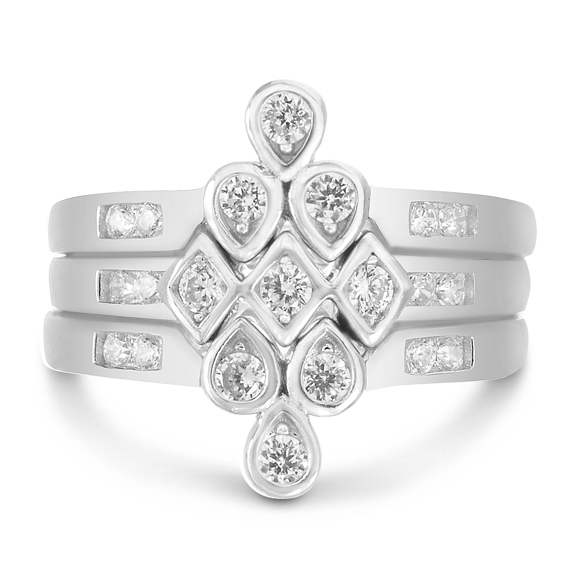 Sterling Silver V Shaped Round Trio Ring Stack with Cubic Zirconia ...