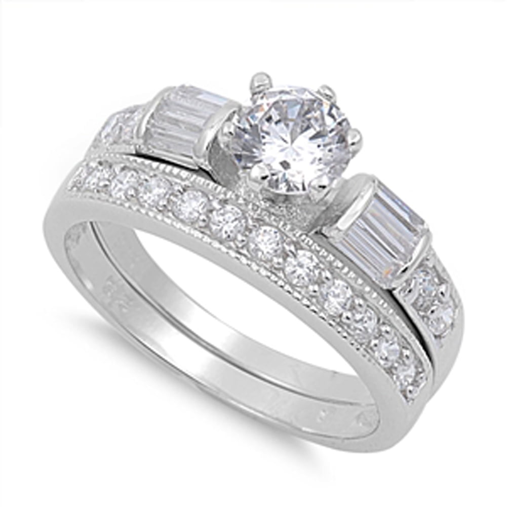 Sterling Silver Wedding Set Engagement Ring Clear Round 6mm White CZ ...