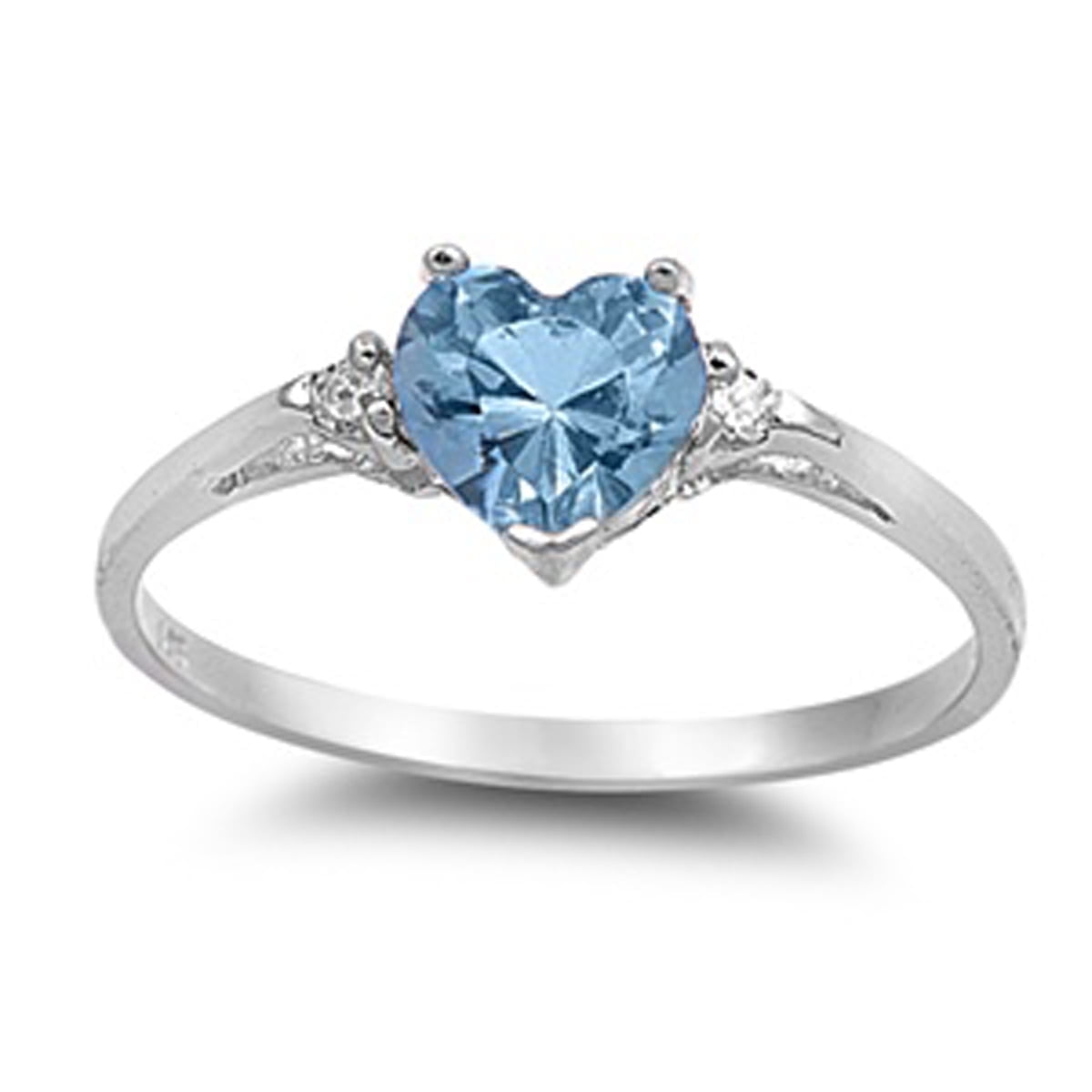Sterling Silver Women's Flawless Aquamarine CZ Solitaire Heart Ring ...