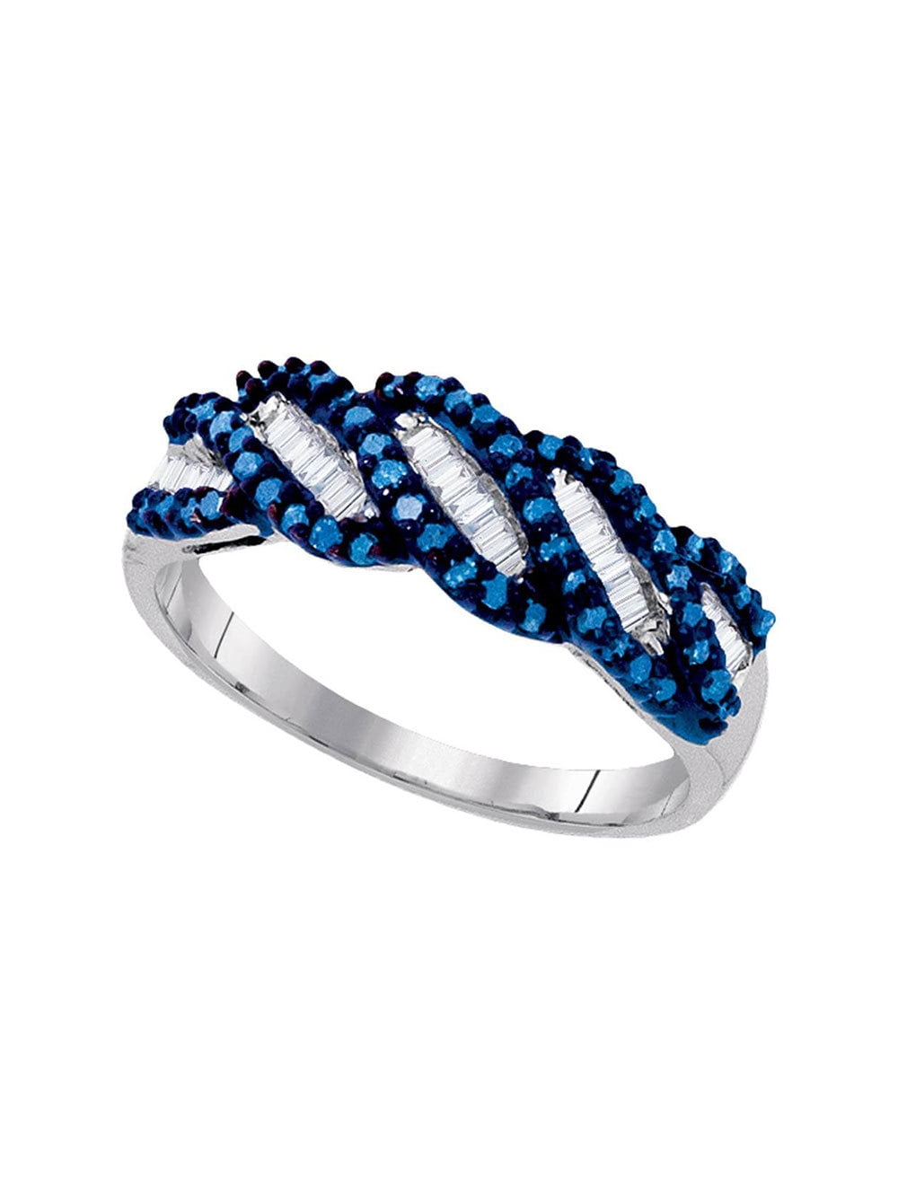 Sterling Silver Womens Round Blue Color Enhanced Diamond Crossover Band ...