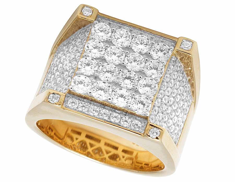 Sterling Silver Yellow Gold Finish Men's Pave Square Claw Pinky Ring ...