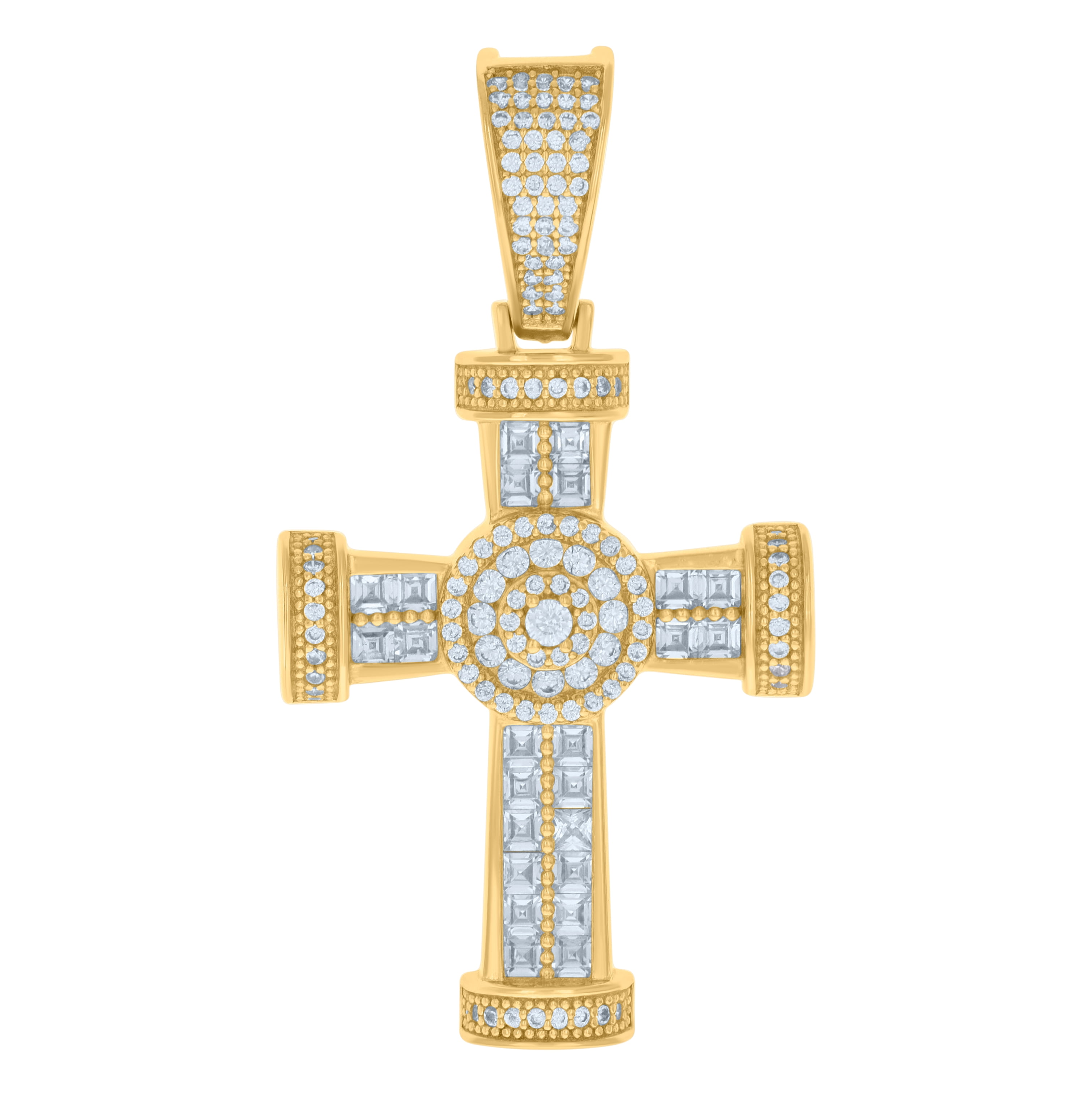Sterling Silver Yellow-tone Mens Baguette Round Cubic-Zirconia Cross ...