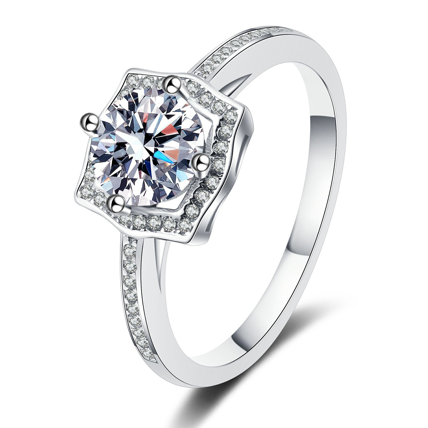 Sterling Silver with 18K White Gold Plated Engagement Ring for Women ...