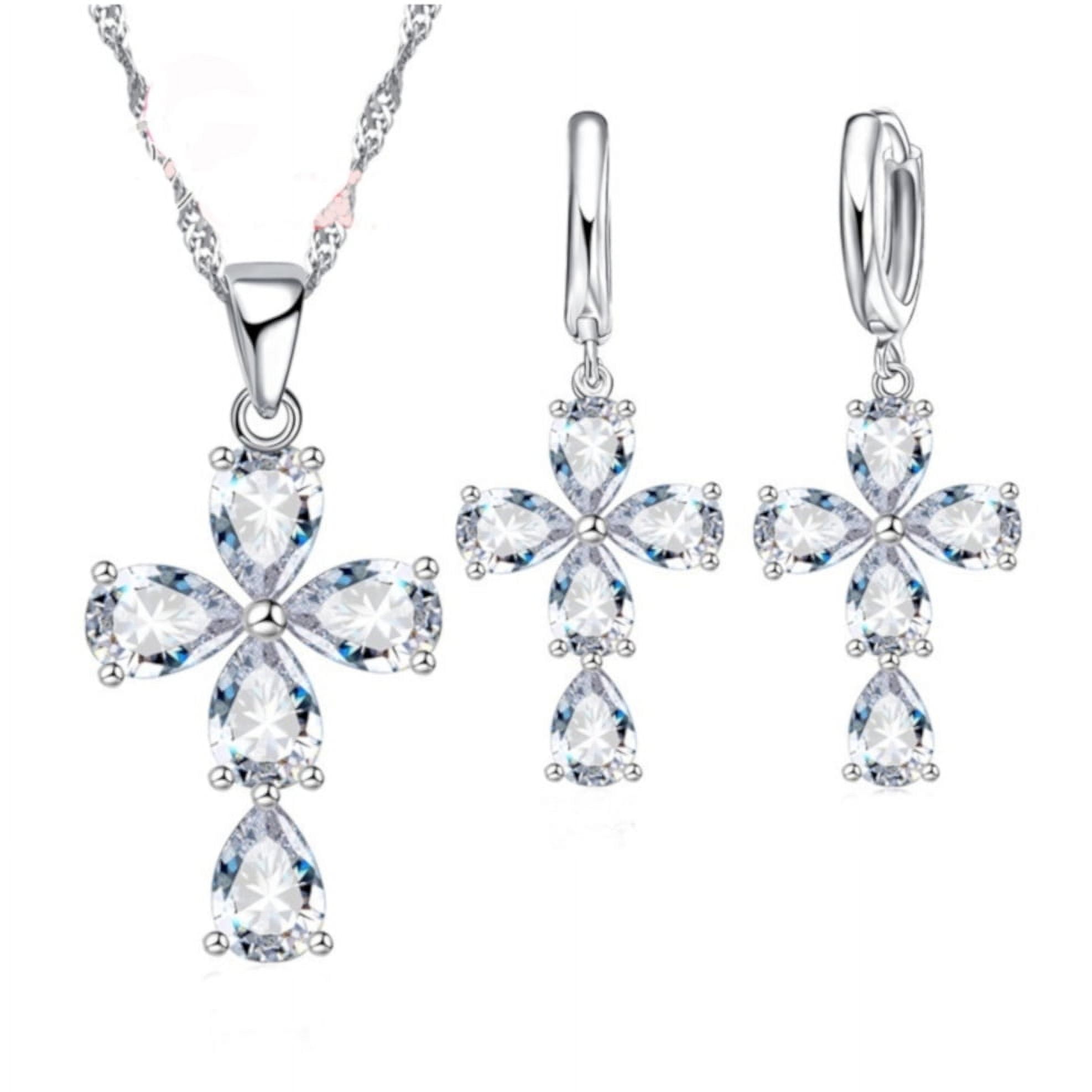 Sterling Silver with Cubic Zirconia Teardrop Cross Earring and Necklace ...