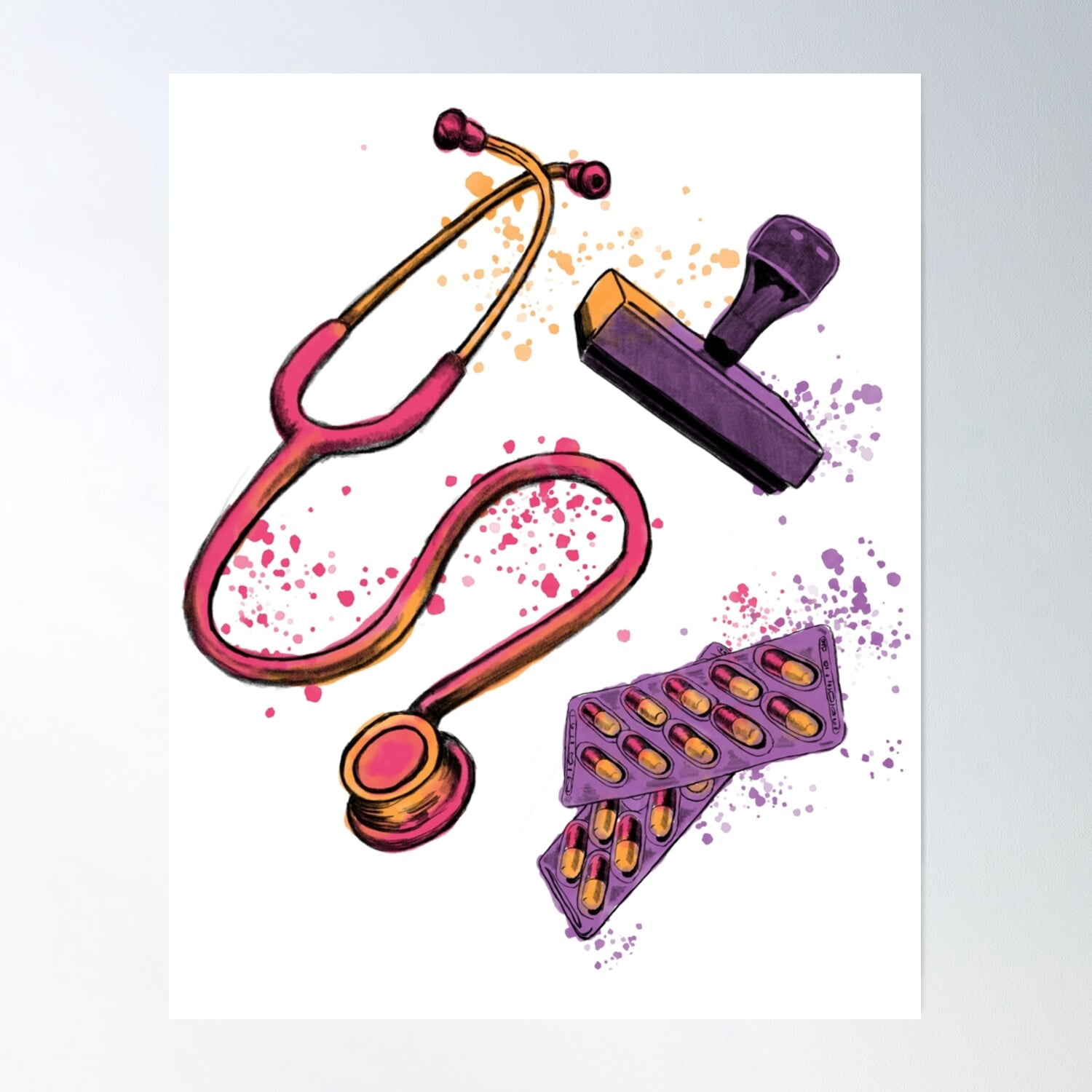 Stethoscope, Rubber Stamp And Pills, Medical Symbols For Doctors And ...