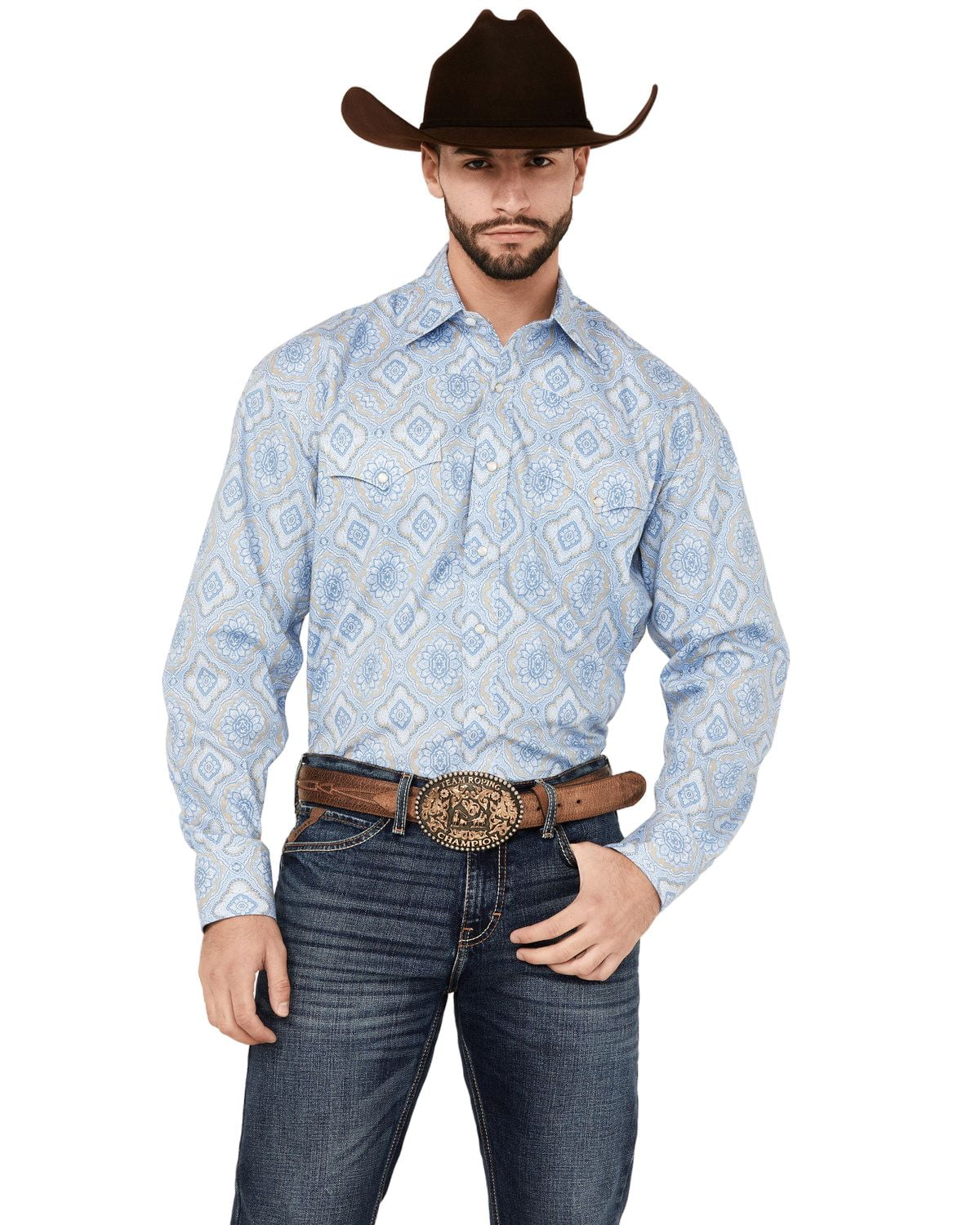 Stetson Men's Medallion Print Long Sleeve Pearl Snap Western Shirt Blue ...