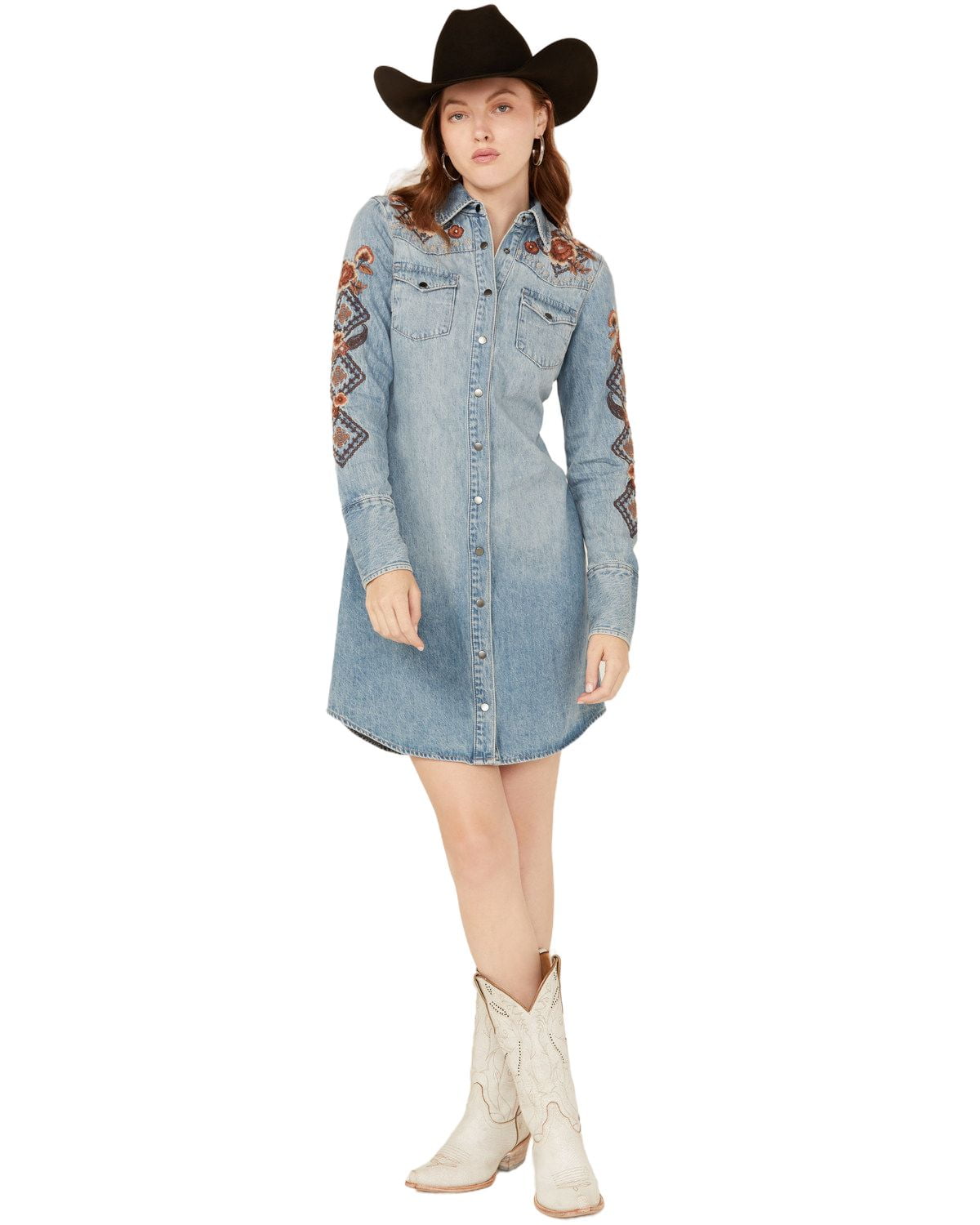 Stetson Women's Medium Wash Denim Embroidered Long Sleeve Shirt Dress Medium Wash Small US ...
