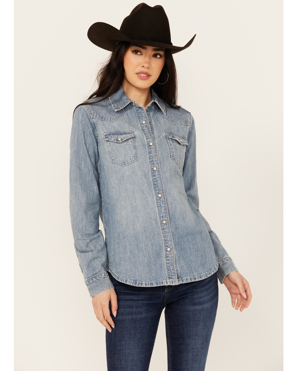 Stetson Women's Medium Wash Embroidered Cowboy Long Sleeve Pearl Snap Denim Blue US - Walmart.com