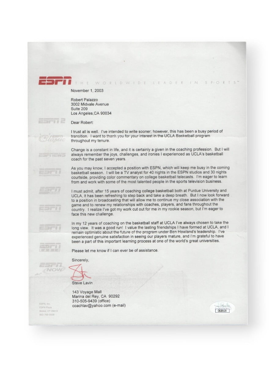Steve Lavin Signed Autographed Letter ESPN UCLA Coach JSA CB20125 ...