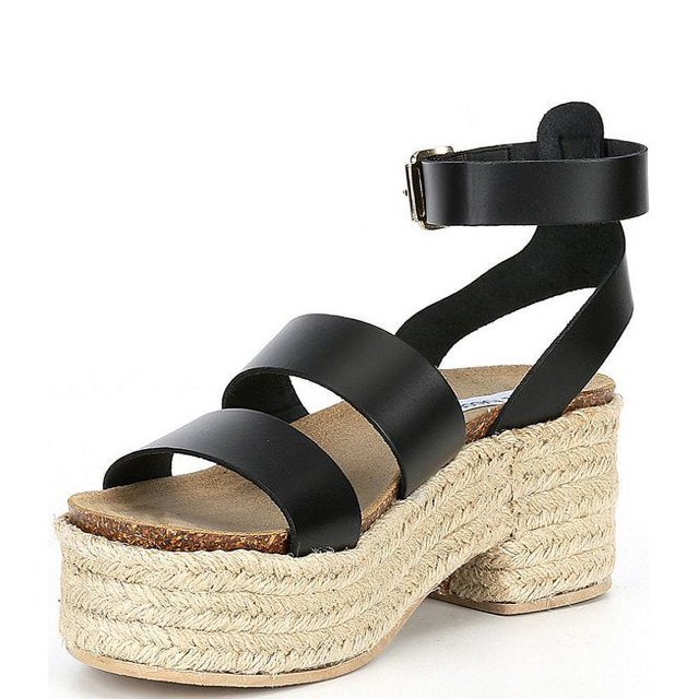 Steve Madden Kelton Black Leather Ankle Strap Open Rounded Toe Heeled ...