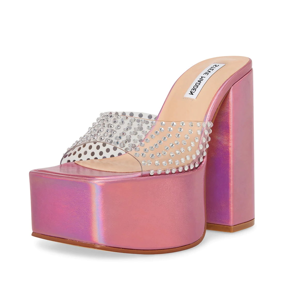 Steve Madden Ruby Iridescent Slip On Block Heel Squared Open Toe Heeled ...