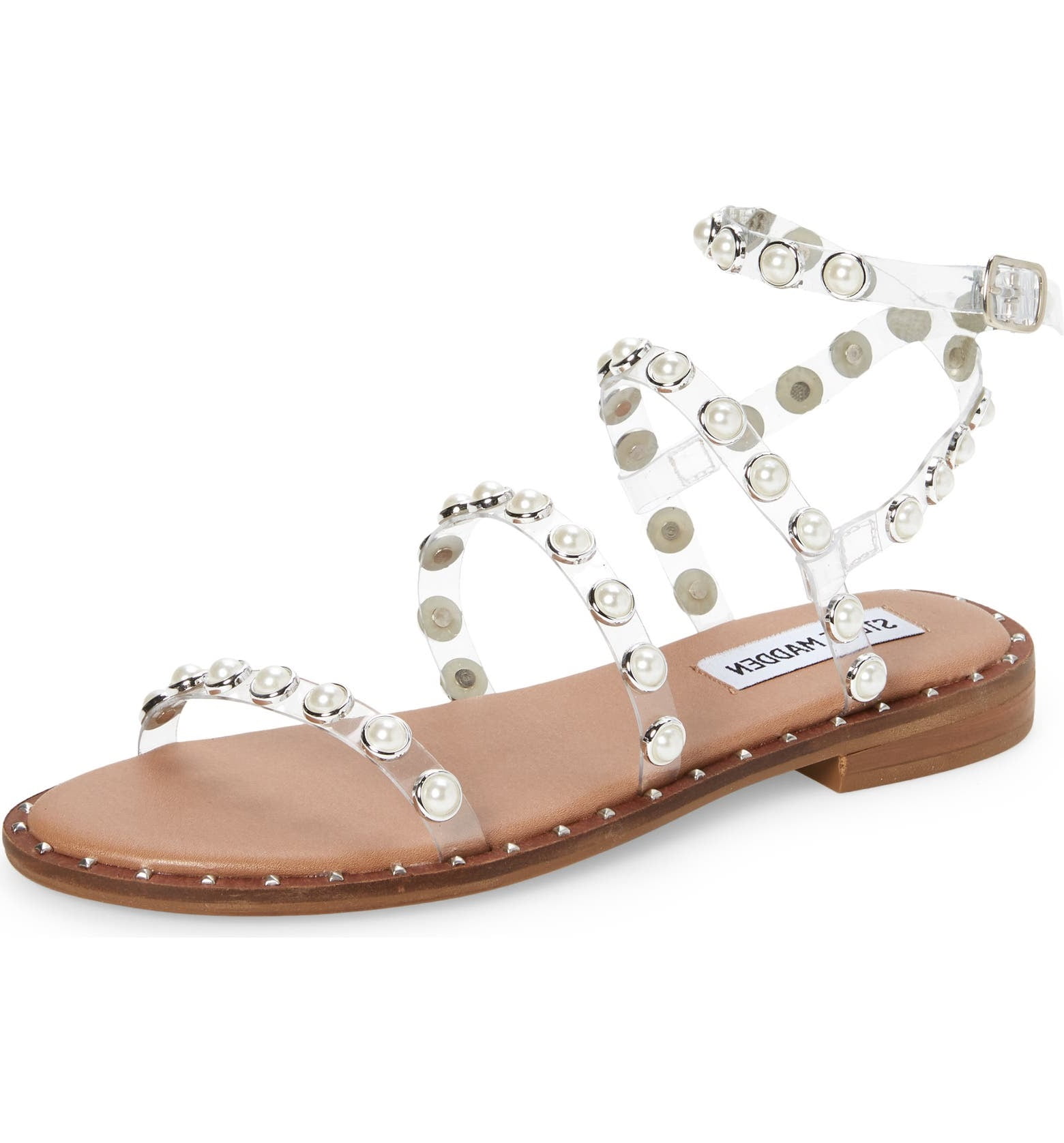 Steve Madden Travel Clear Pearl Open Transparent Flat Strappy Gladiator ...
