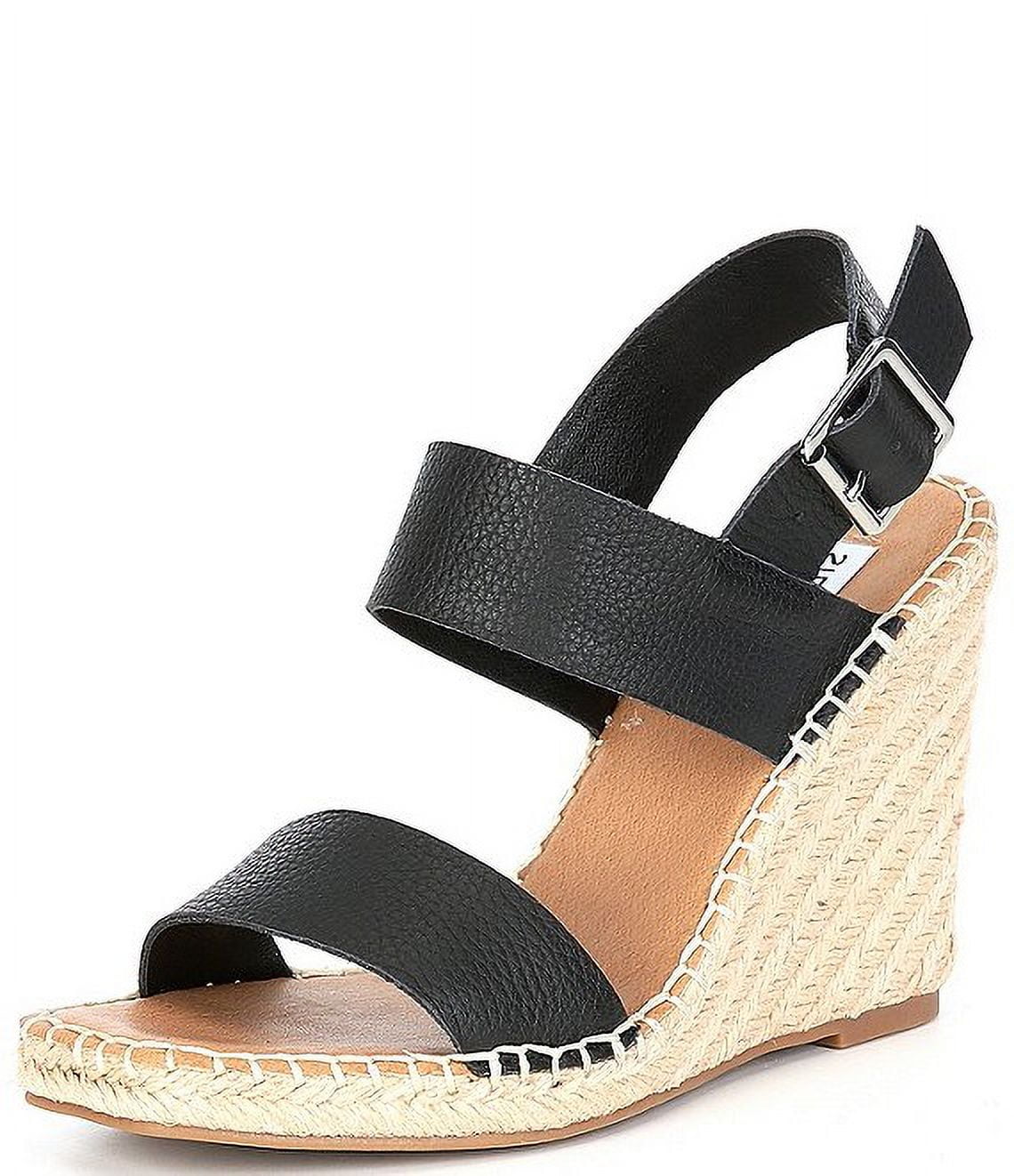 Steve Madden Uri Black Leather Open Toe Espadrille Buckle Closure Wedge ...