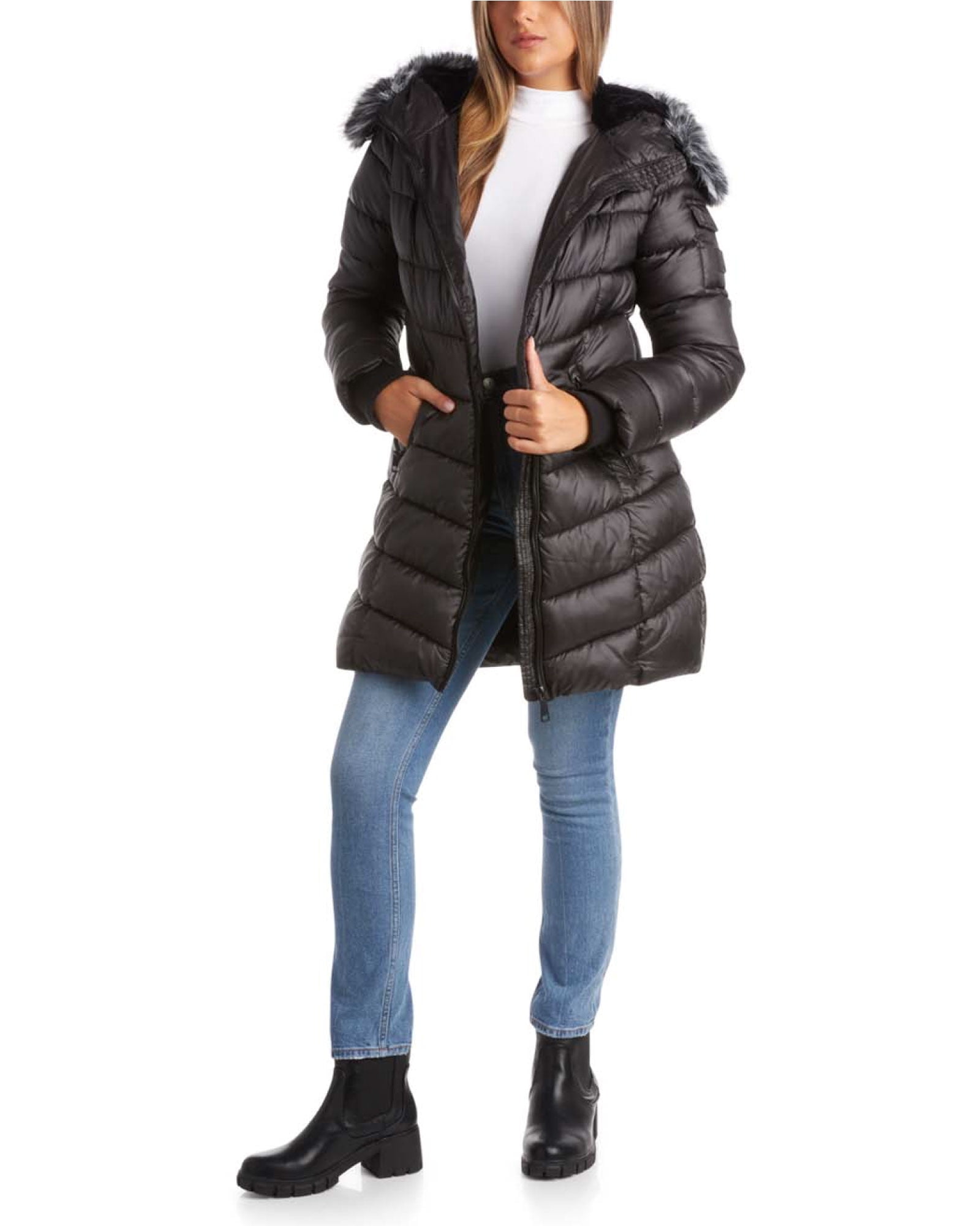 Steve Madden Women's Faux Fur Lining Winter Coat - Long Length Quilted ...