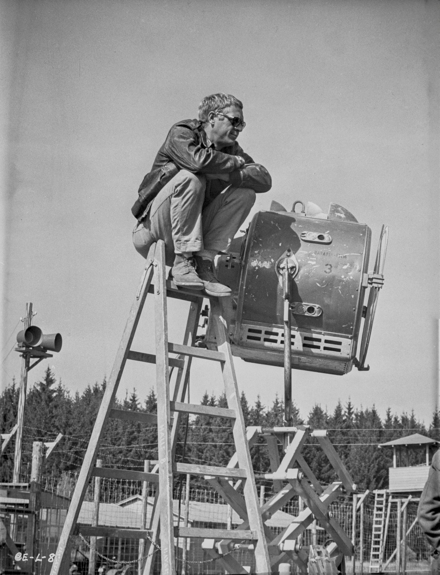 Steve McQueen Seated on Ladder Scene Excerpt from Film in Black and ...
