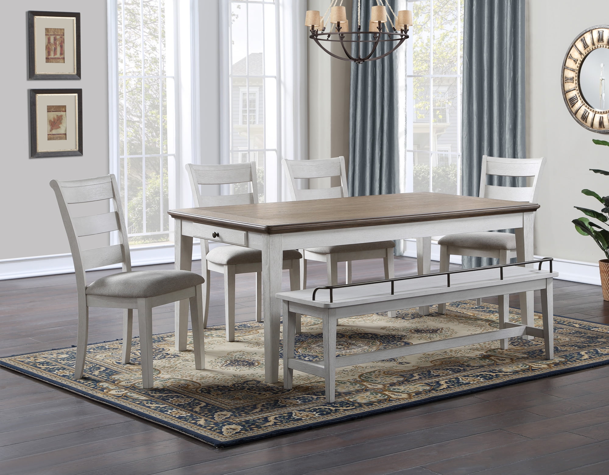 Steve Silver Pendleton Farmhouse 6-Piece Dining Set with Bench, Ivory and Honey Brown - Walmart.com