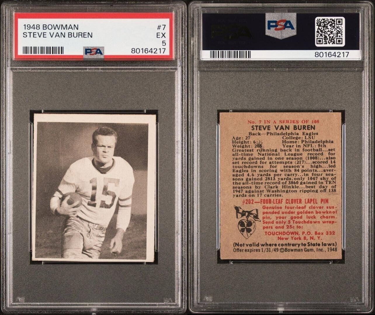 Steve Van Buren RC #7 - 1948 Bowman - PSA 5 EX - Walmart.com