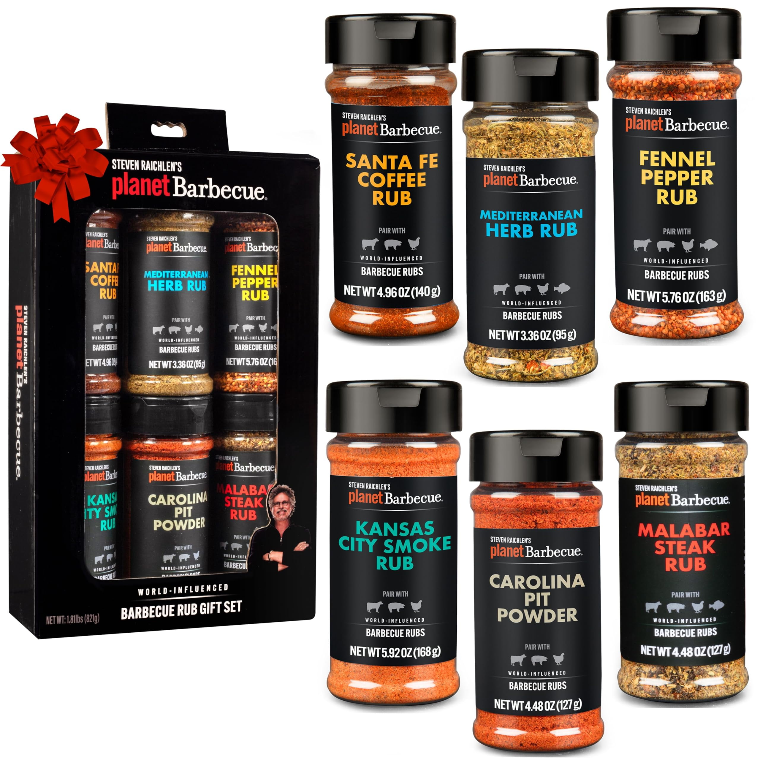 Steven Raichlen's Planet Barbecue Gourmet HYZ01 BBQ Rubs & Spices Gift Box 6 Pack- Grill ...