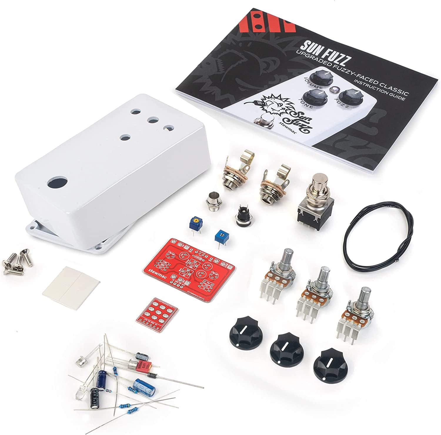 StewMac Sun Fuzz DIY Electric Guitar Pedal Kit, With White Enclosure ...
