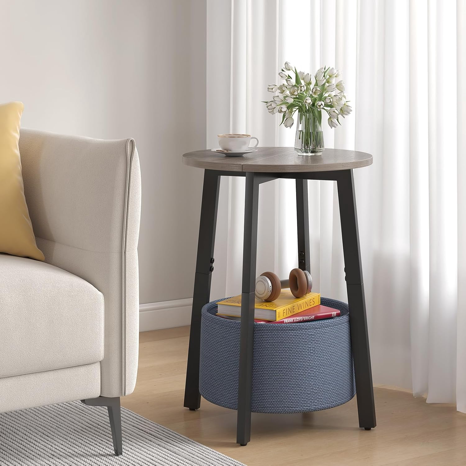 Sthmec Grey Round Side Tables Set of 2 with Cloth Storage Baskets ...