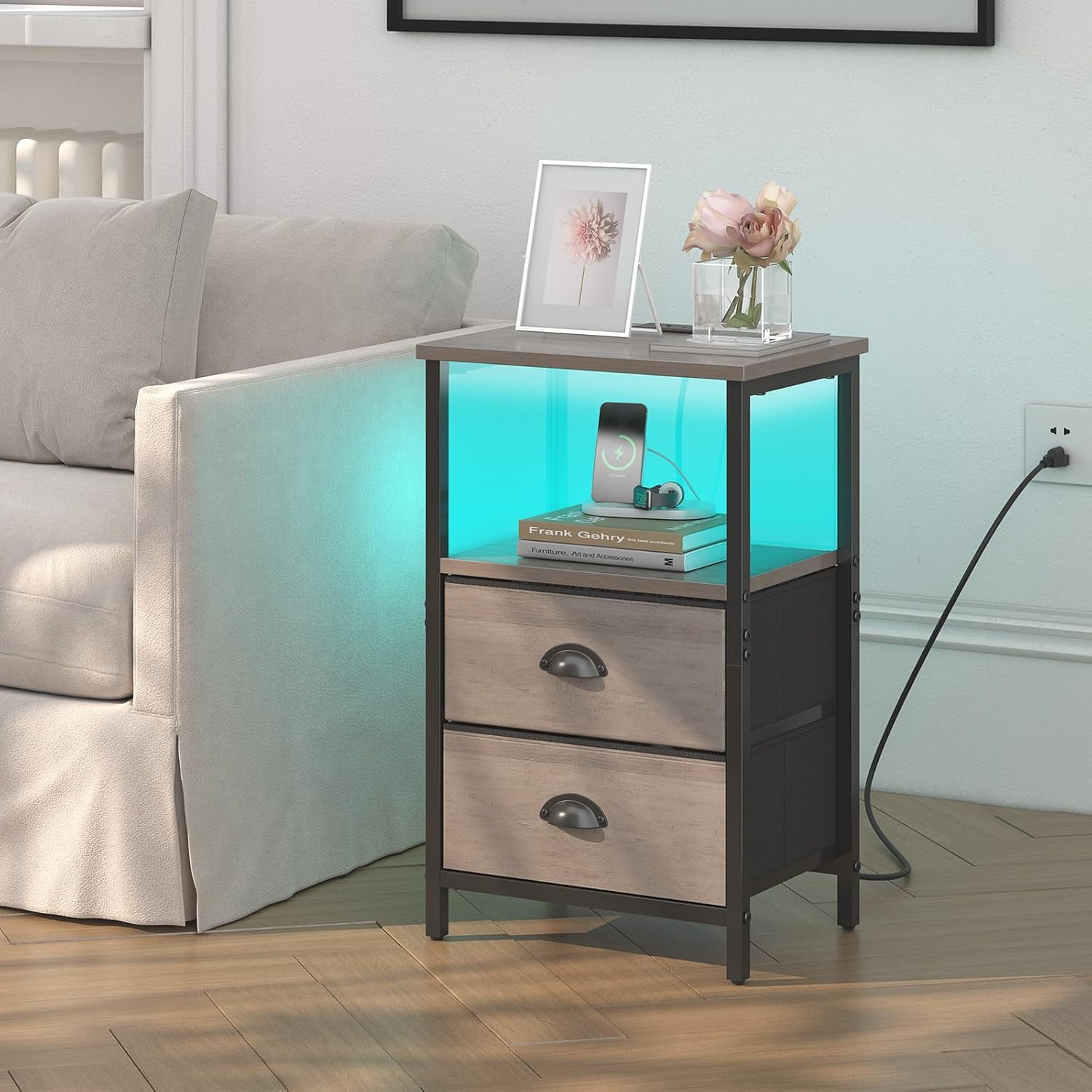 Nightstand with Charging Station, LED Night Stand Set of 2, Bedside ...
