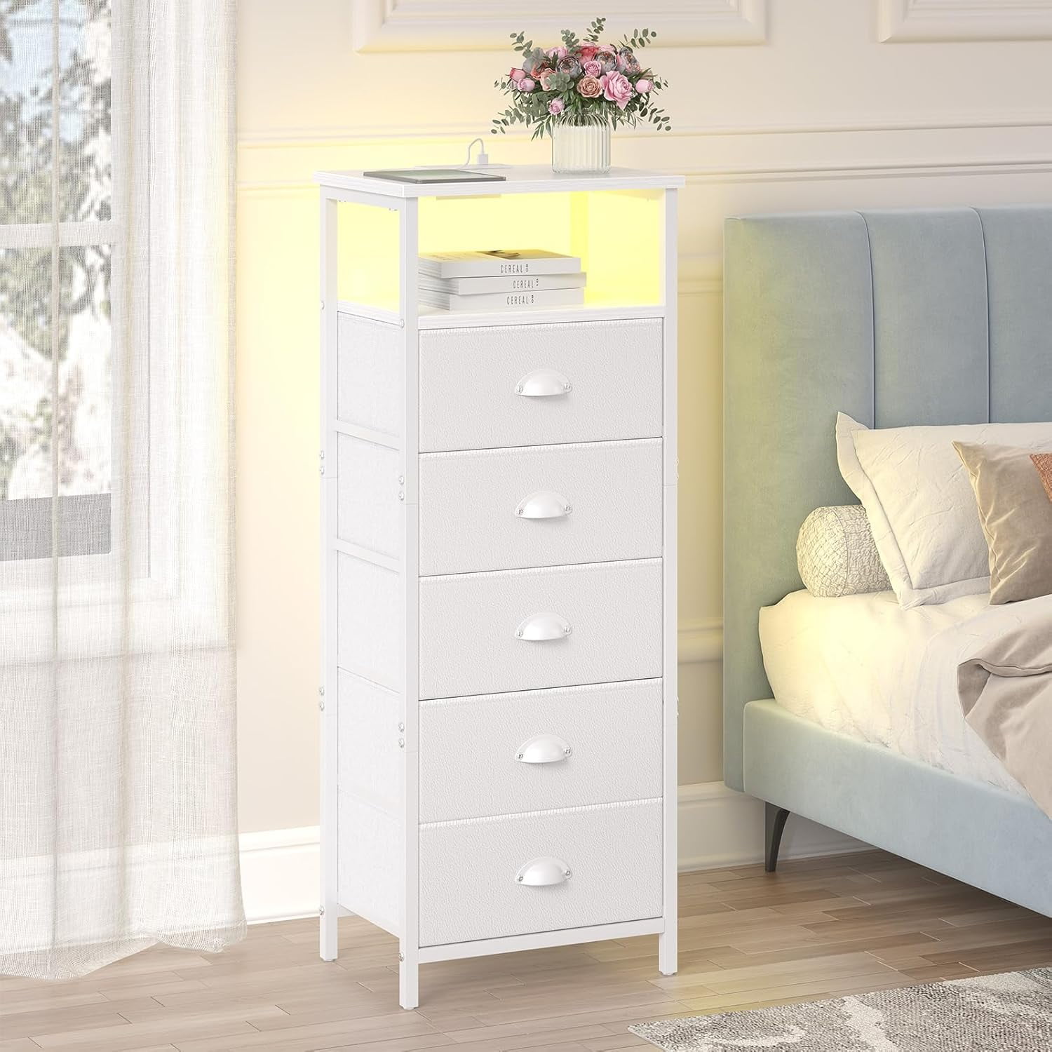 Sthmec Nightstand with Charging Station, LED White Nightstands with 5 ...