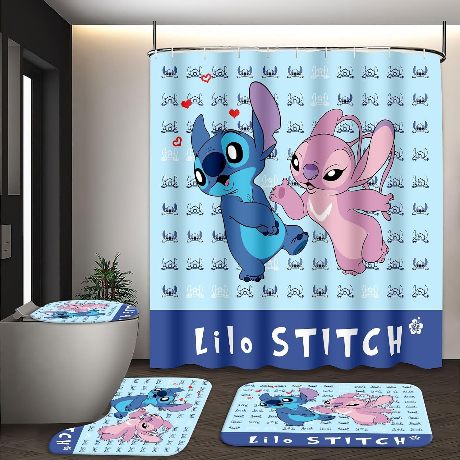 Sti-tch Bathroom Set - 4 Piece Stitch Shower Curtain Set with 71x71 ...