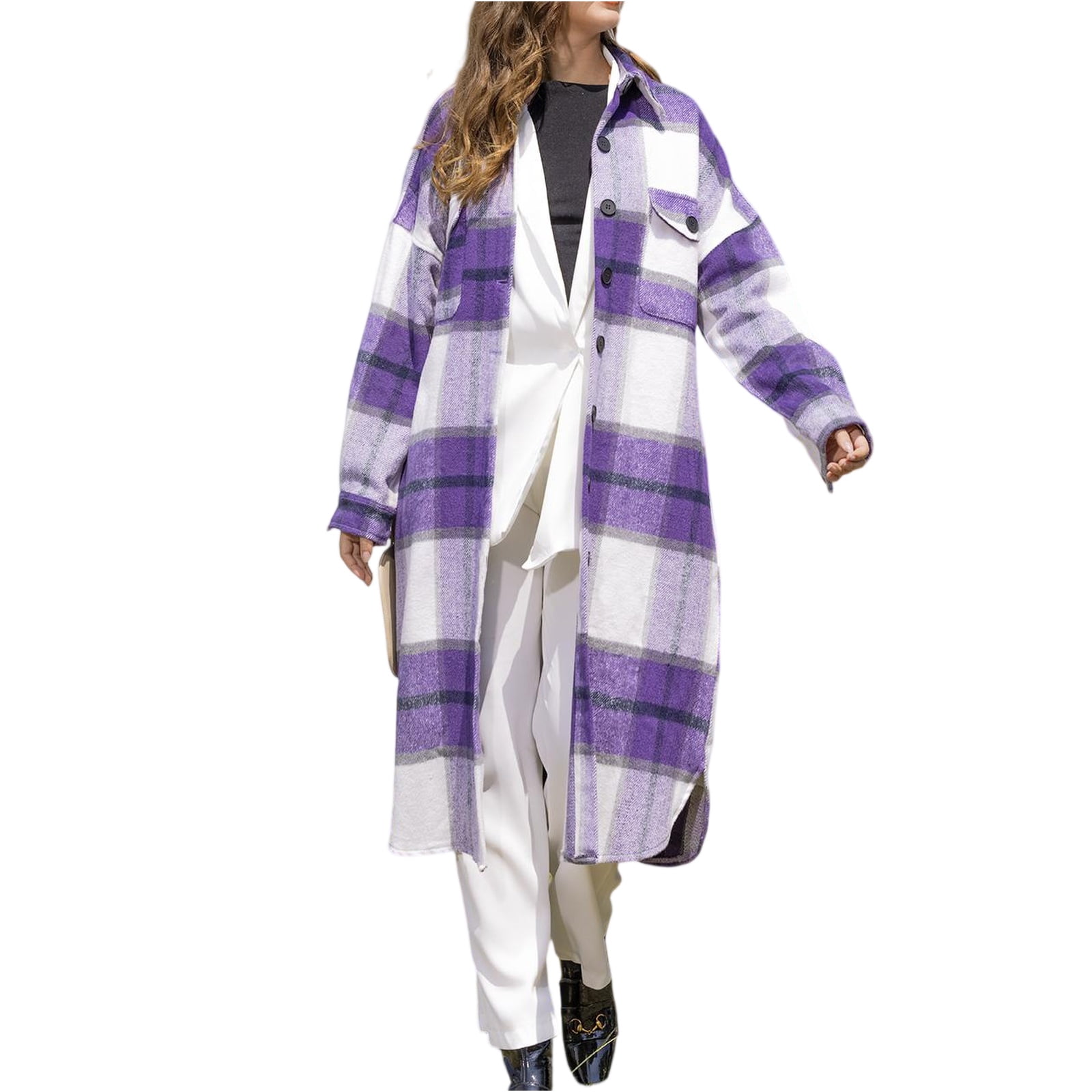 Stichou Ladies Plaid Jackets Long Sleeve Flannel Shacket Jacket for ...