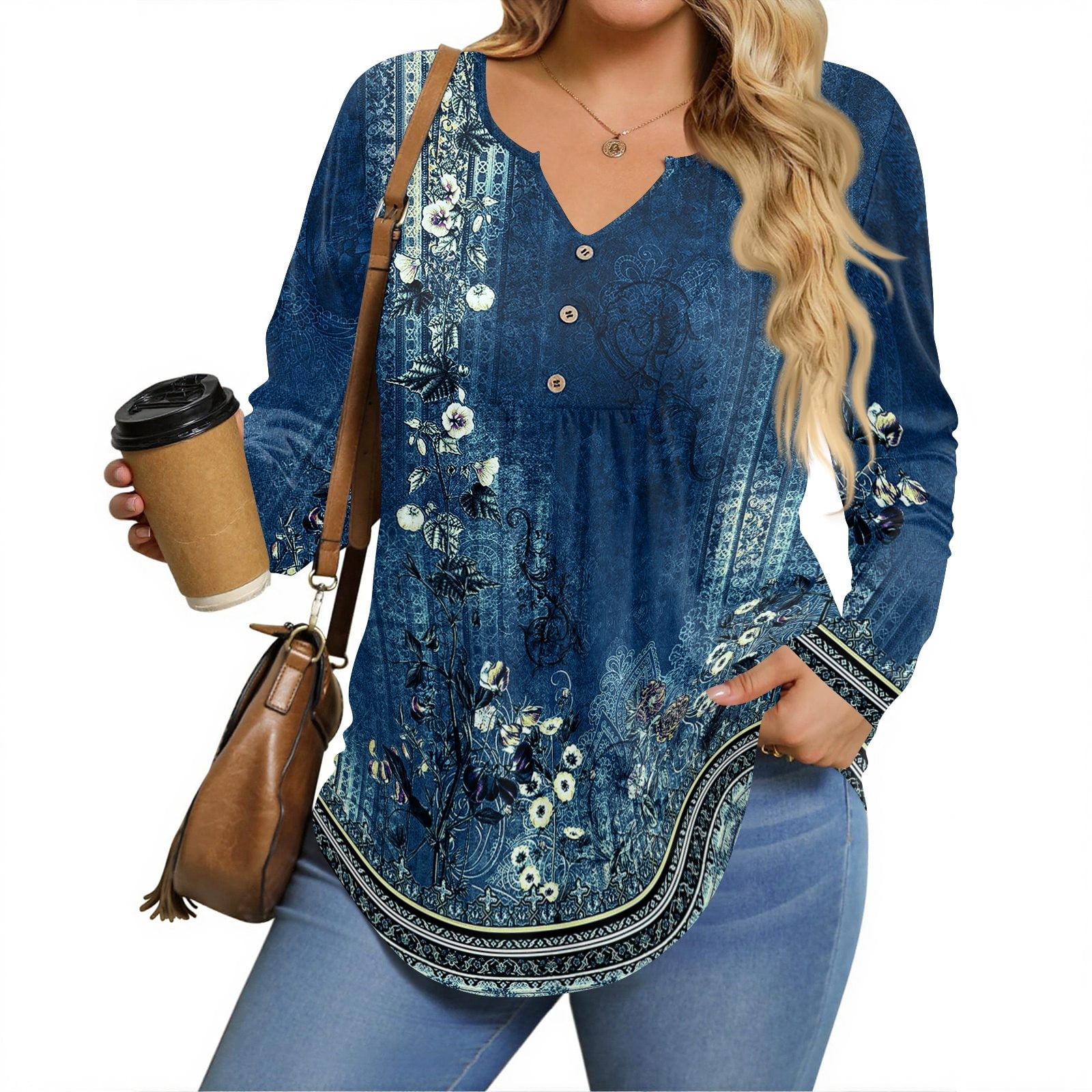 Stichou Long Sleeve Womens Plus Size Tops Casual Button V Neck Shirts ...