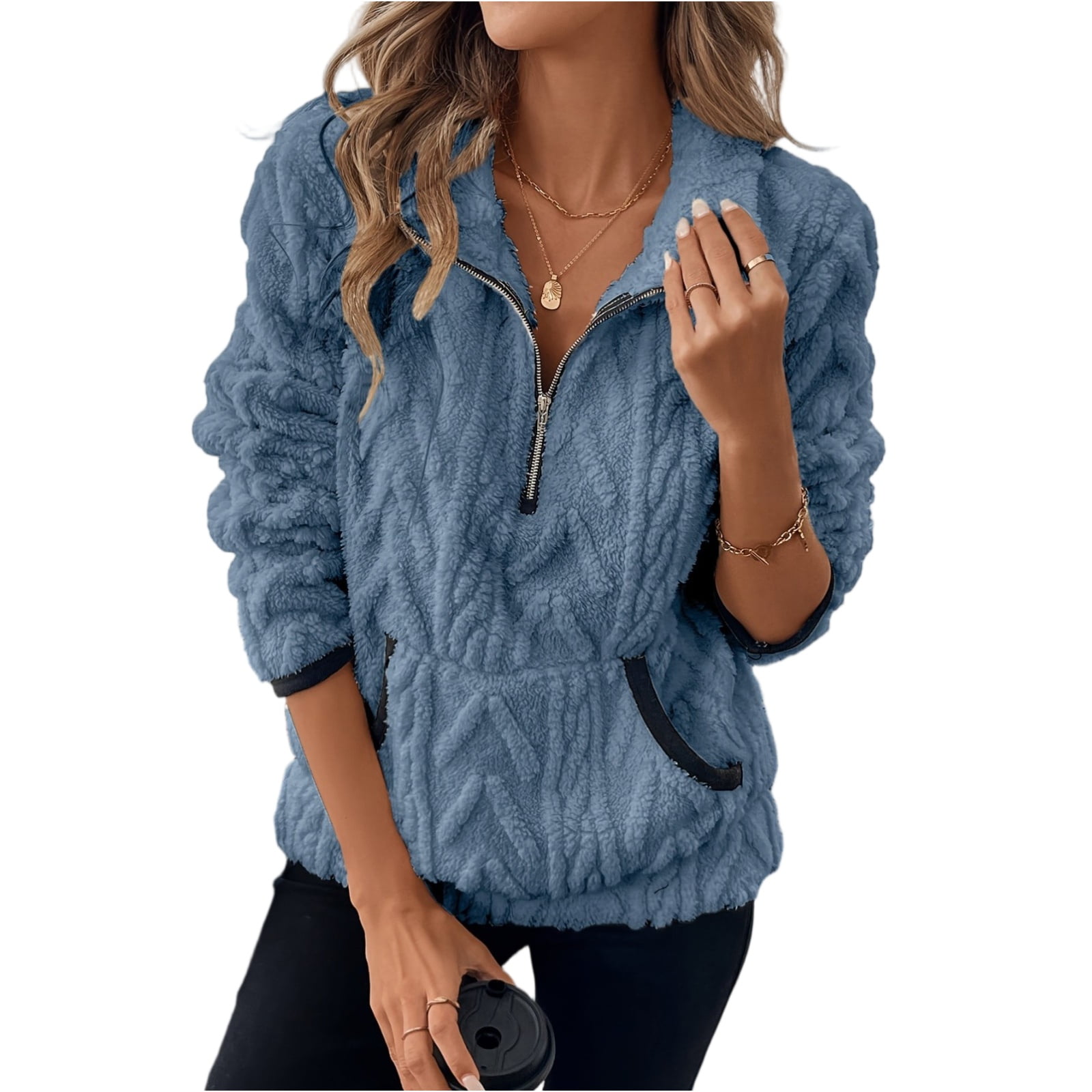 Stichou Quarter Zip Pullover Women Cable Fuzzy Fleece Pullover Sherpa ...