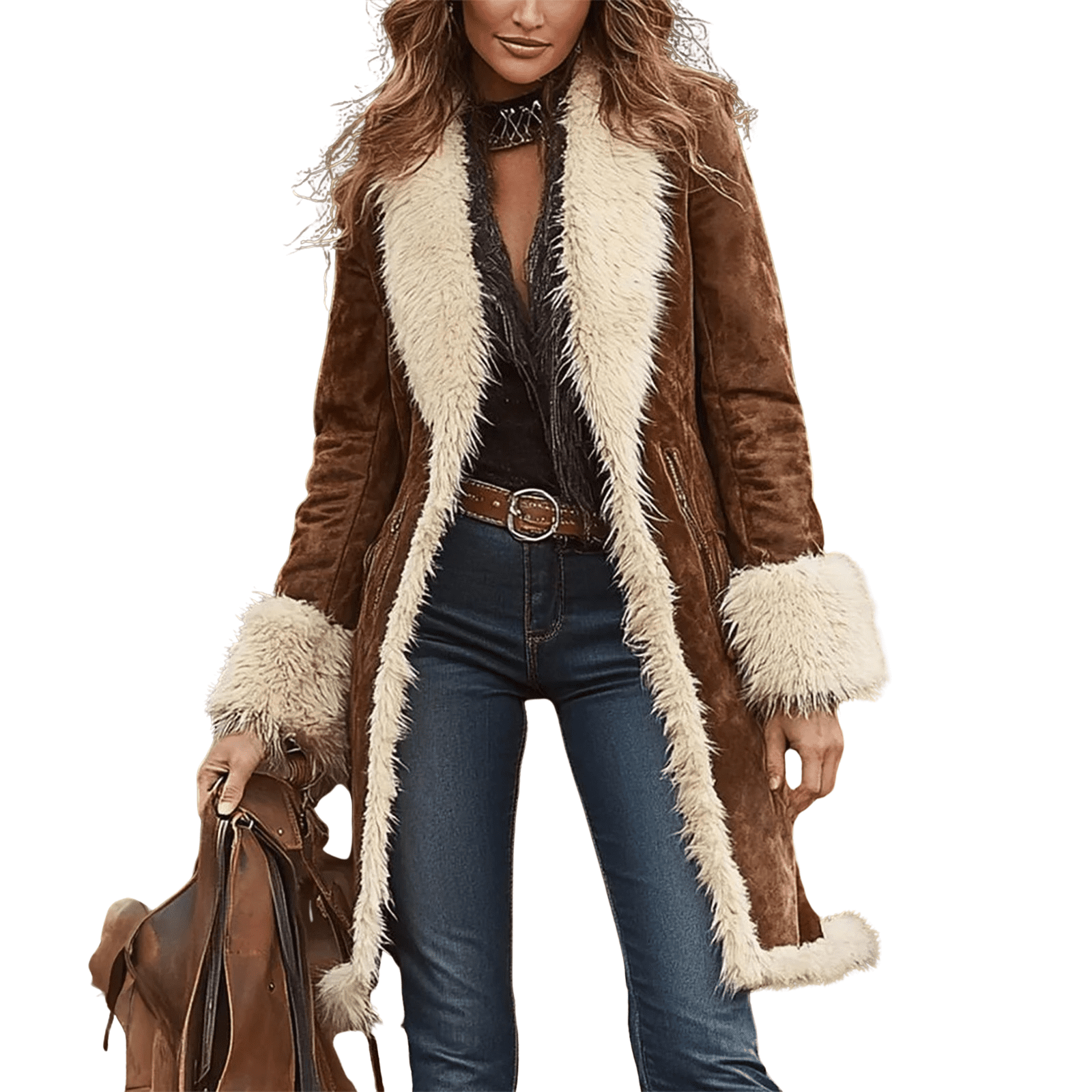 Stichou Women's Faux Suede Long Western Retro Jacket Fuzzy Fleece Lapel ...