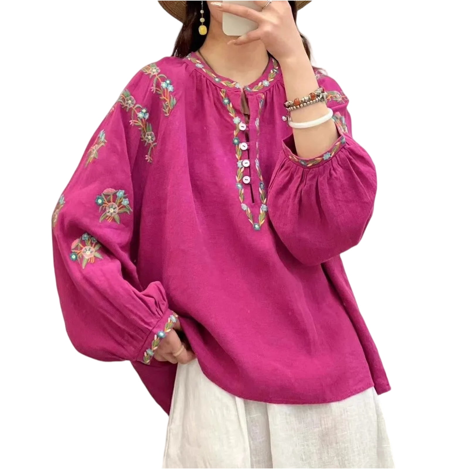 Stichou Women's V Neck Casual Summer Blouse Boho Embroidered Peasant ...