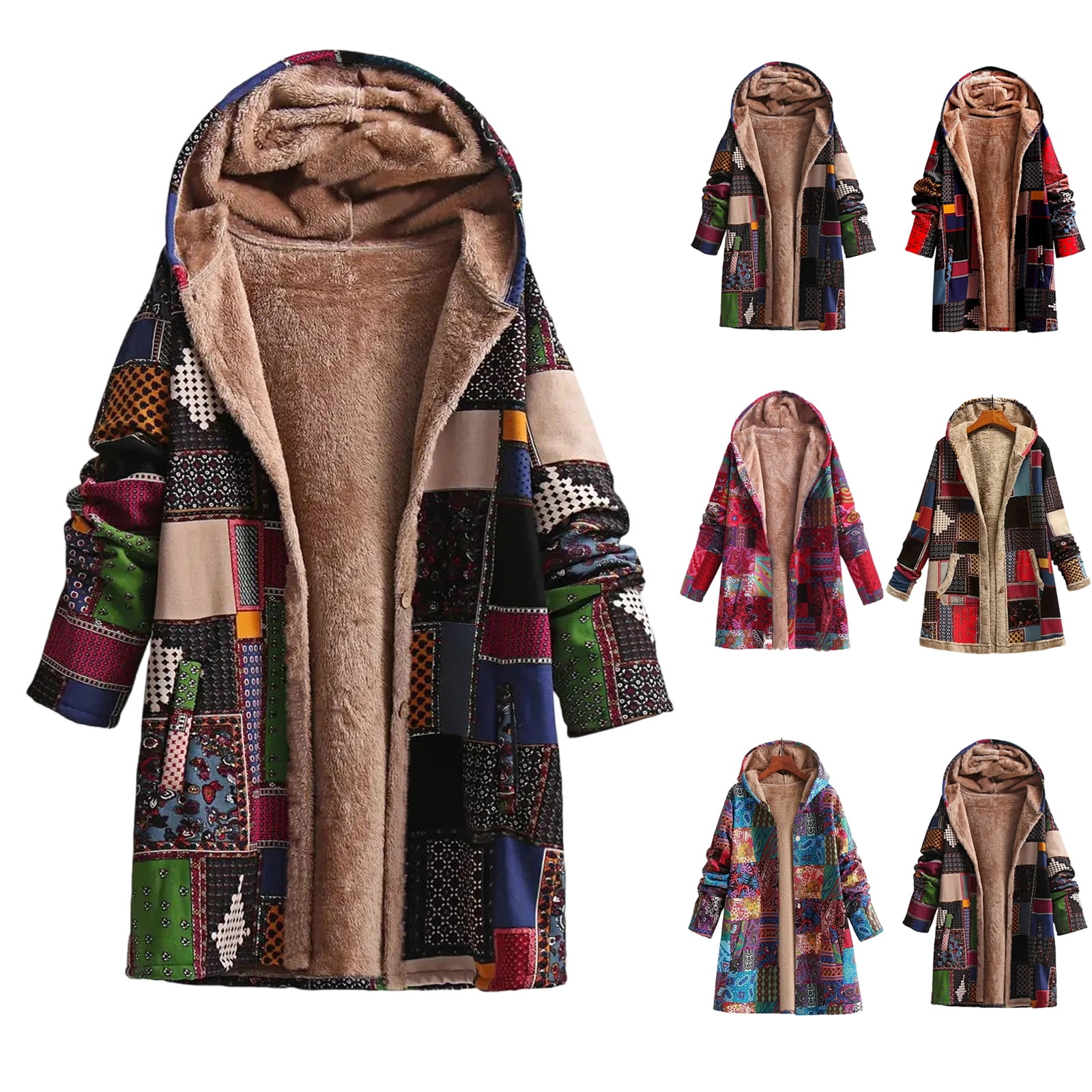 Stichou Women's Winter Ethnic Style Patchwork Sherpa Fleece Lined ...