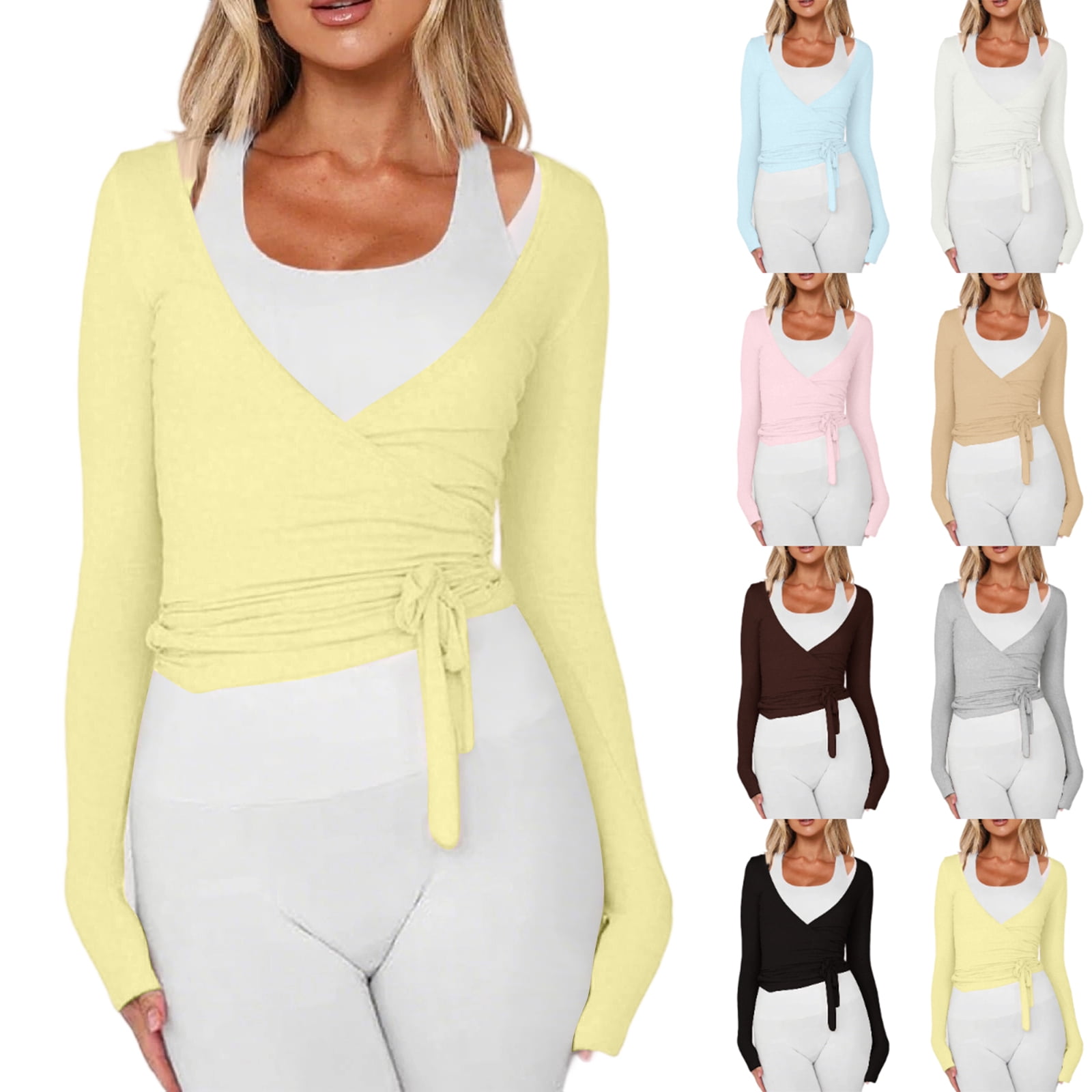 Stichou Womens Ballet Wrap Top Long Sleeve Tie Front Workout Cover Up ...