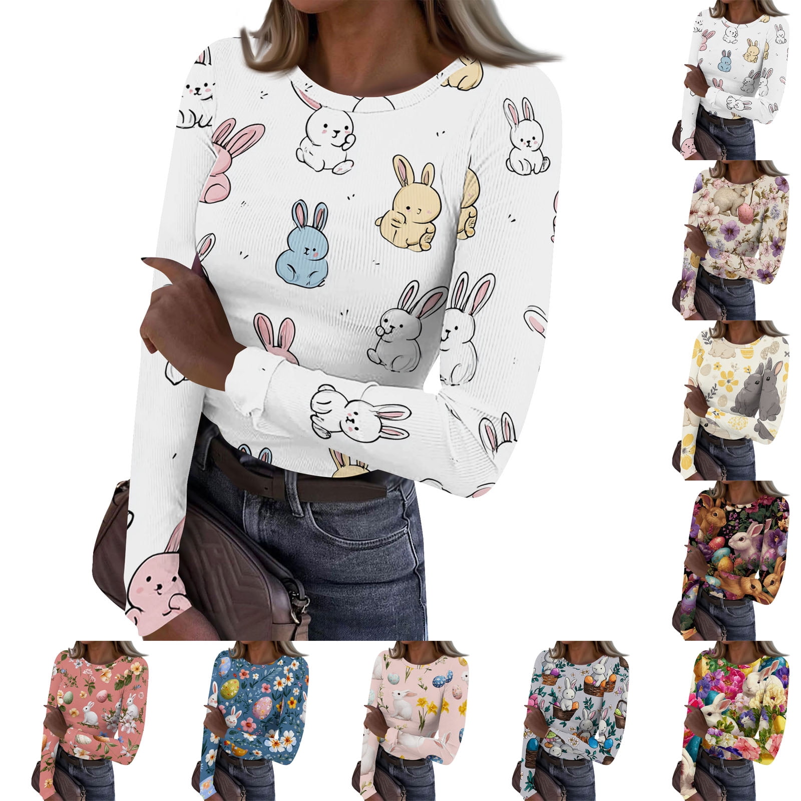 Stichou Womens Easter Tops 2026 Rabbit Eggs Graphic Cute Long Sleeve ...