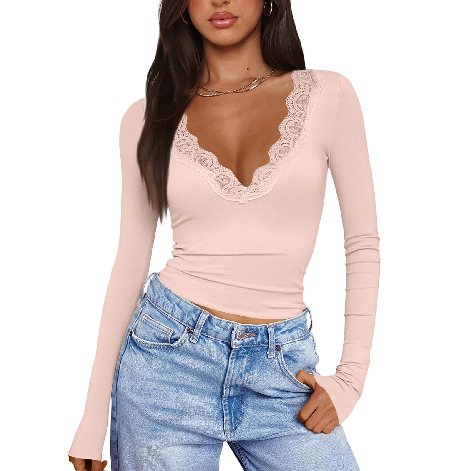 Stichou Womens V Neck Lace Long Sleeve Shirts 2026 Basic Fitted Double ...