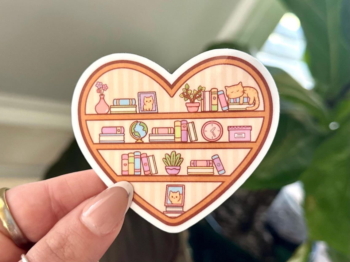 StickerCraft Heart Bookshelf with Cats Waterproof er, Book ers, Gifts ...