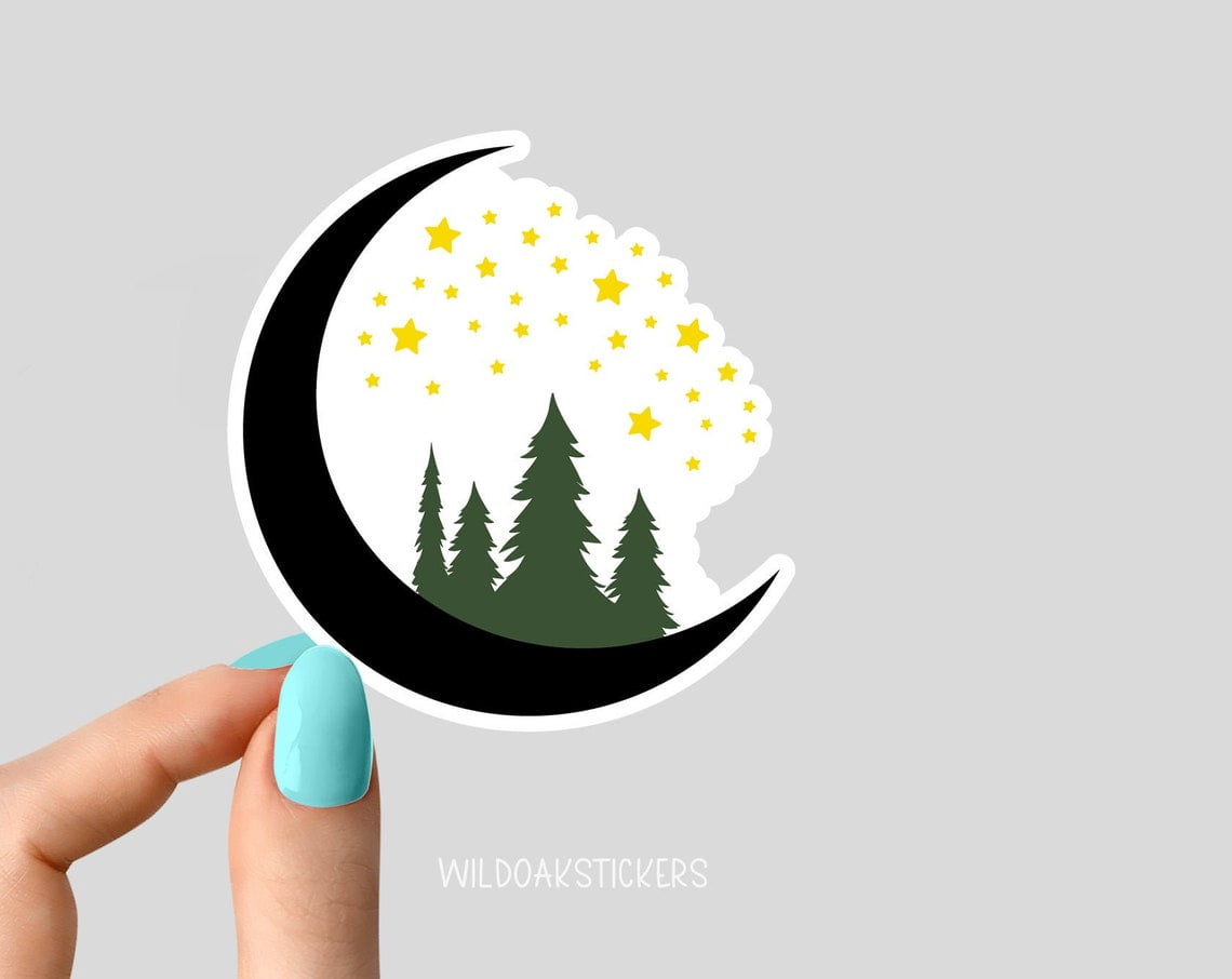 StickerCraft moon green trees yellow stars funny ers, mountain camping ...